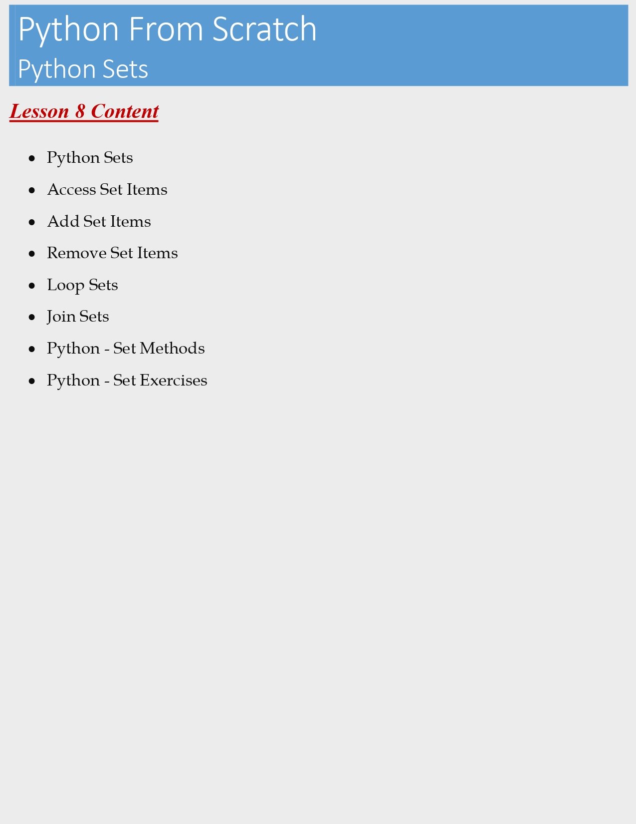 Python From Scratch Lesson 8 PDF (Python Sets) - Connect 4 Techs Python From Scratch Lesson 8 PDF (Python Sets) - Connect 4 Techs
