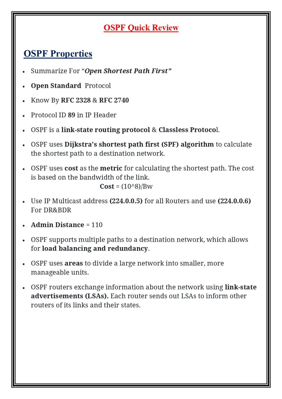 OSPF Quick Review PDF - Connect 4 Techs