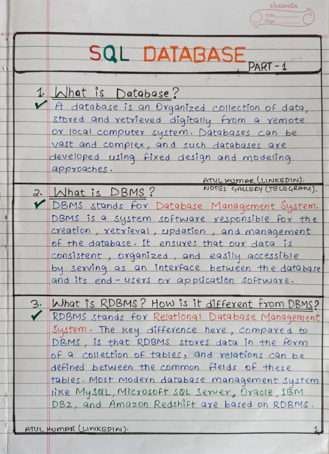 SQL DataBase HandWritten PART 1 - Connect 4 Techs