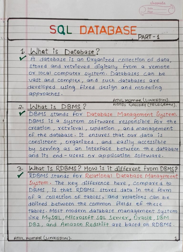 SQL DataBase HandWritten PART 1 - Connect 4 Techs