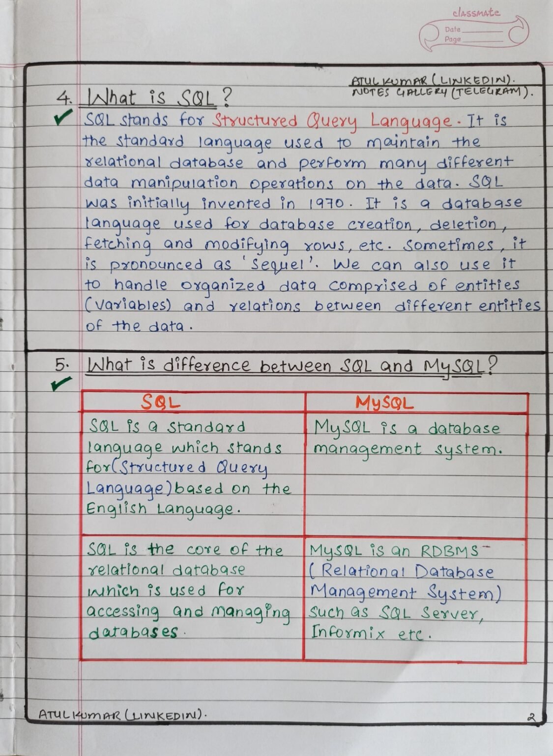 SQL DataBase HandWritten PART 1 - Connect 4 Techs
