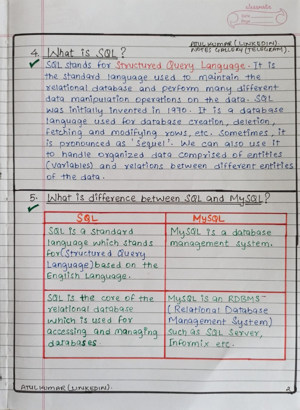 Sql Database Handwritten Part 1 Connect 4 Techs