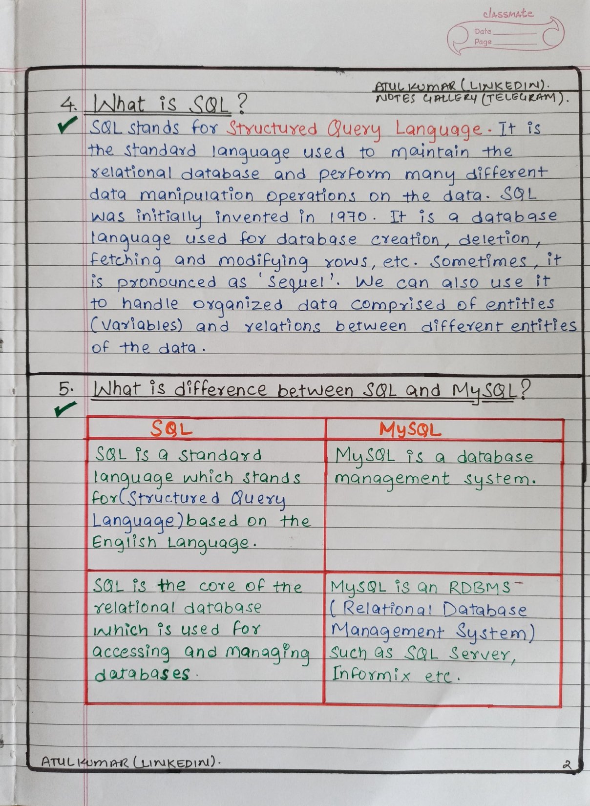 Sql Database Handwritten Part 1 Connect 4 Techs